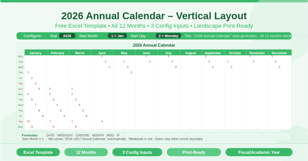 2026 Annual Calendar Excel Vertical Layout with Auto Dates