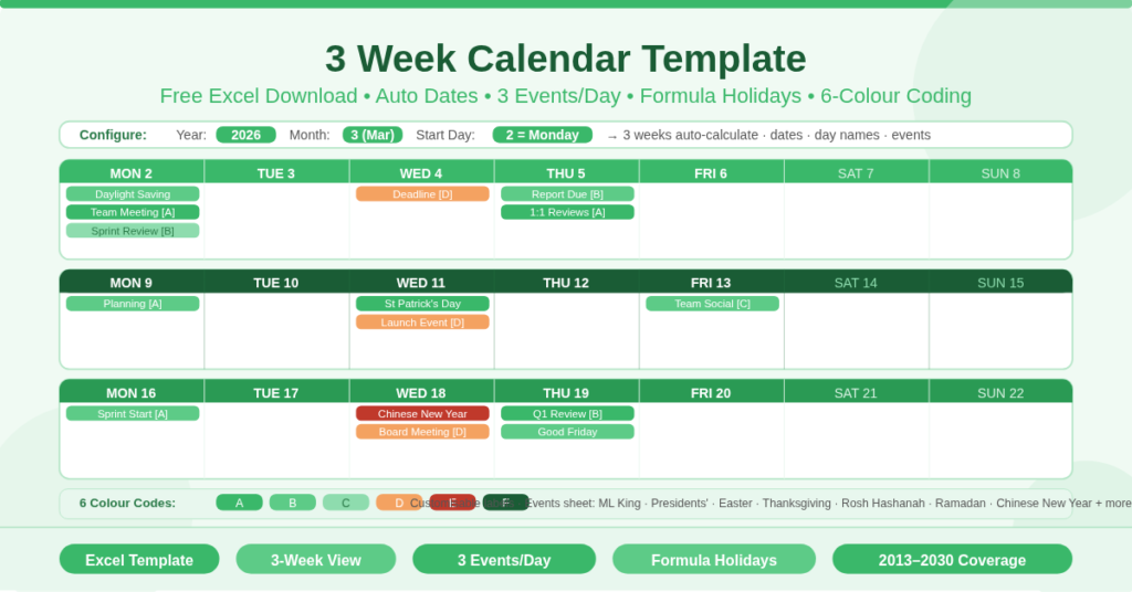 [Free] 3 Weeks Calendar Template – Excel Rolling 3-Weeks Plan
