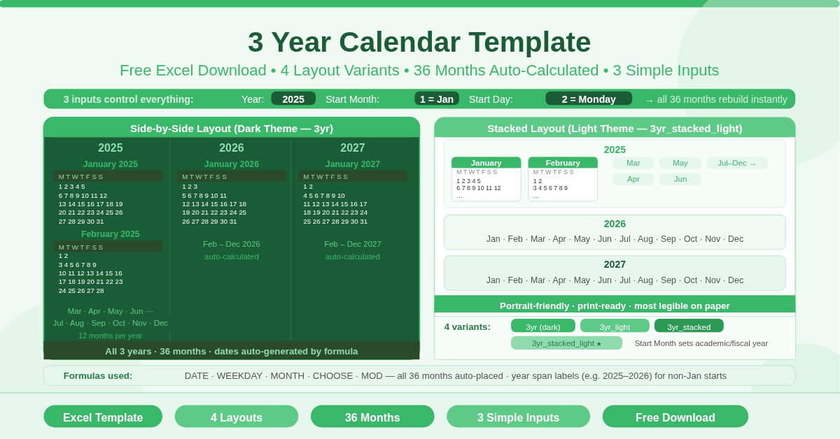 3 Year Calendar Template – Free Excel Calendar (4 Layouts)
