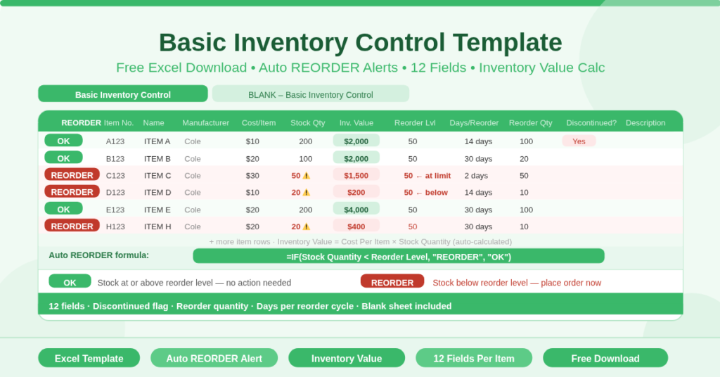 Basic Inventory Control Excel Stock Management Template