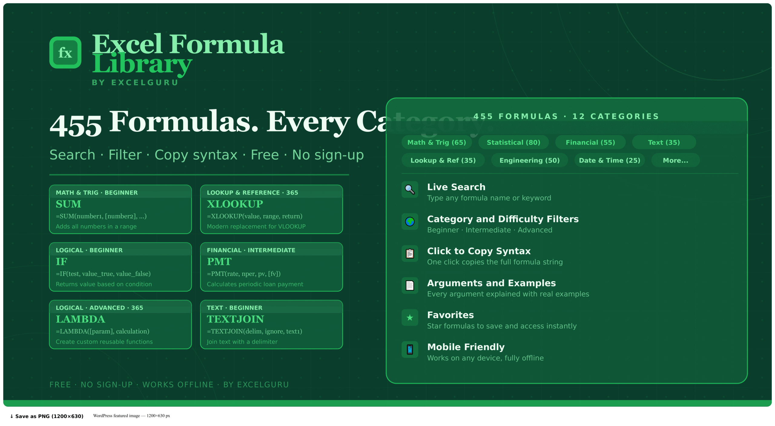 Free Excel Formula List — 455 Formulas with Examples