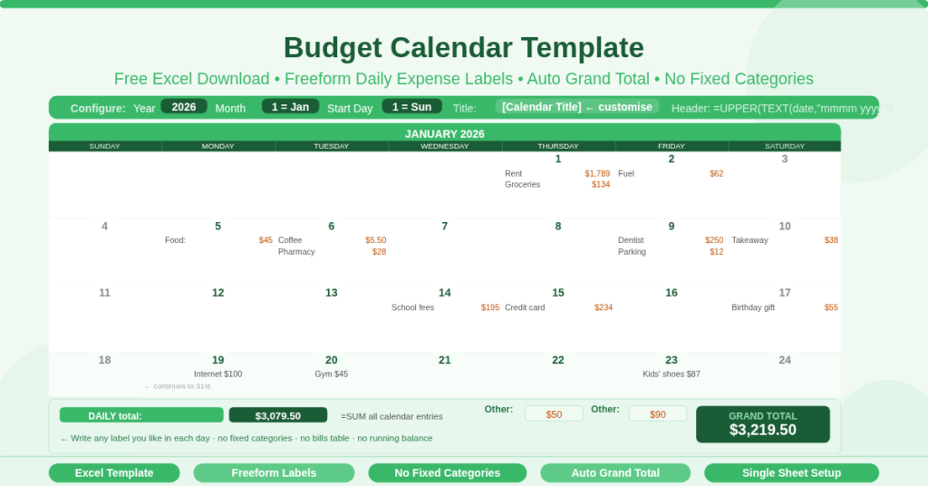 Budget Calendar Template – Free Excel Expense Calendar