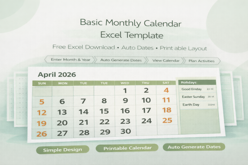 Basic Monthly Calendar Excel Template (Free Download)