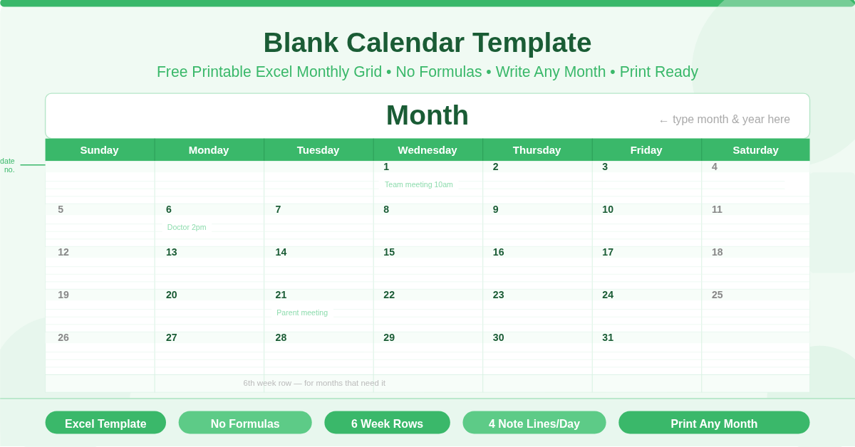 Printable Blank Calendar Template for Professional