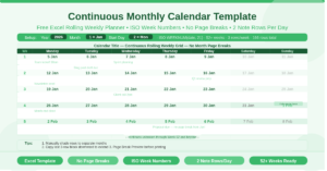 Continuous Monthly Calendar – Free Excel Rolling Week Planner