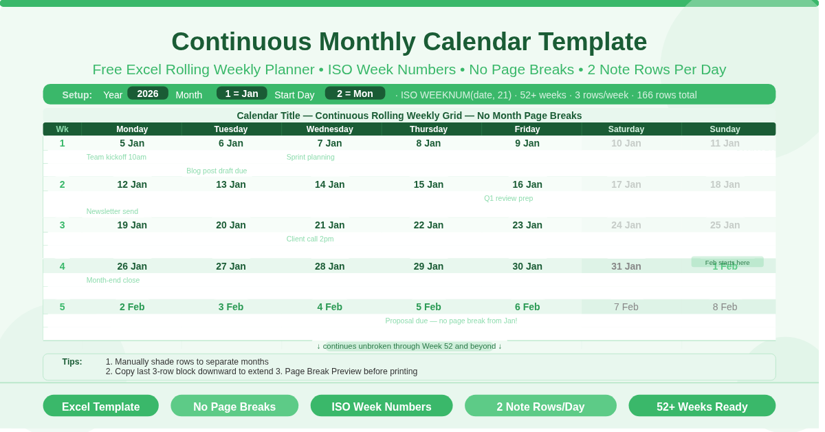 Continuous Monthly Calendar – Free Excel Rolling Week Planner