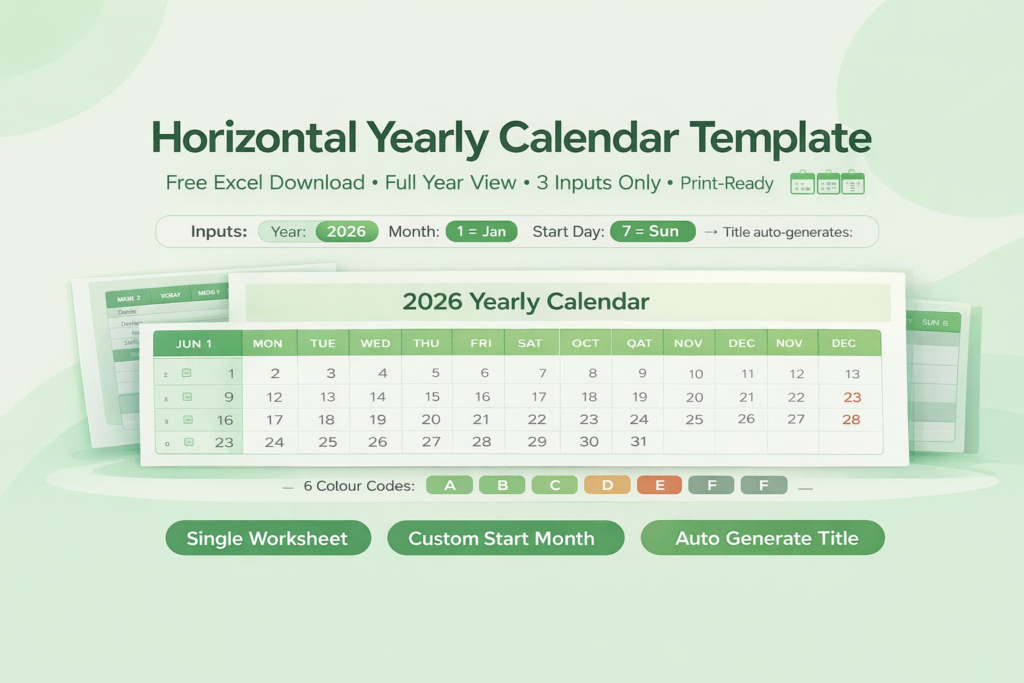 Free Horizontal Yearly Calendar Excel Template (2026 Light)