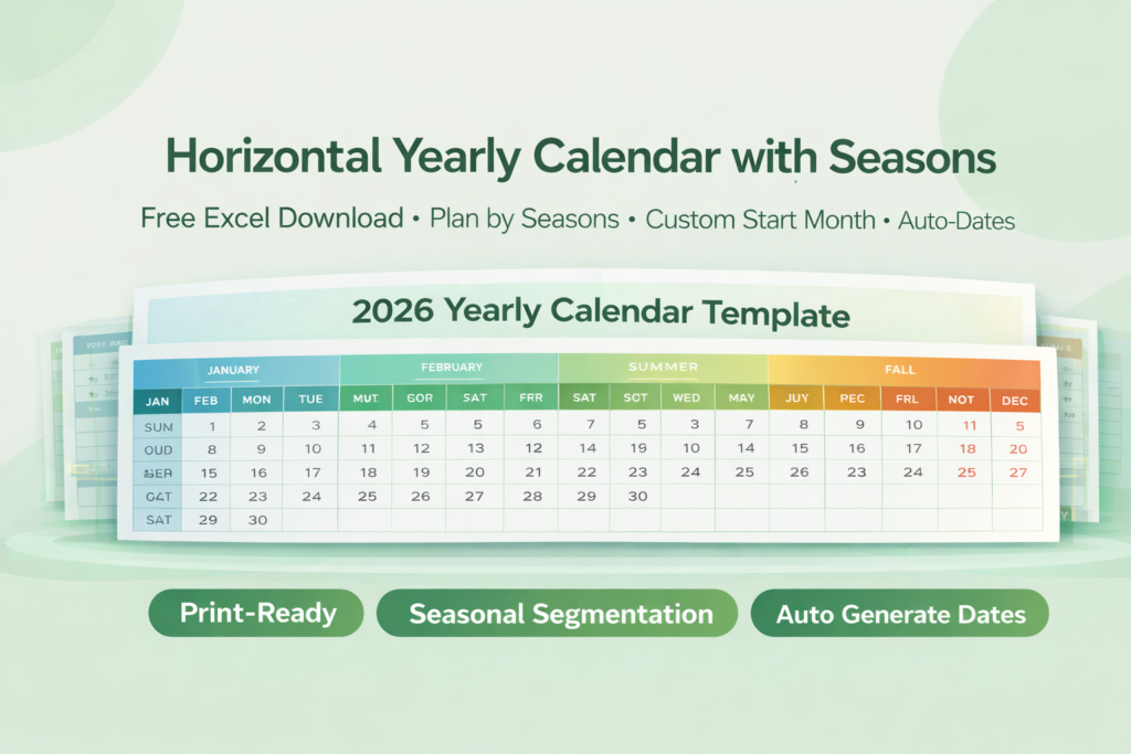Horizontal Yearly Calendar with Seasons (Free Download)