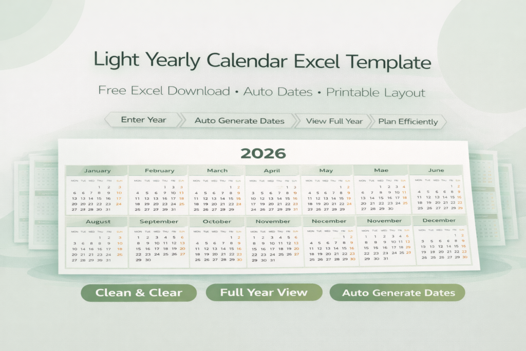 Light Yearly Calendar Excel Template (Free Download)