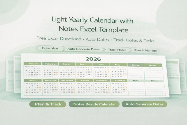 Light Yearly Calendar with Notes Excel Template (Free Download)