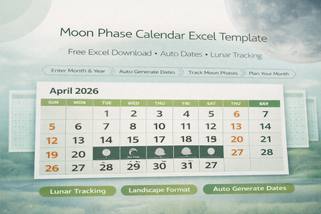 Moon Phase Calendar Landscape Excel Template (Free Download)