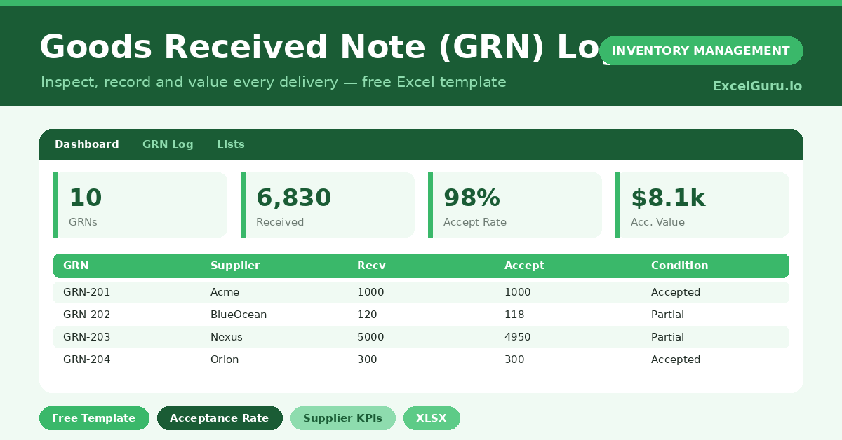 Download Goods Received Note (GRN) Log Excel Template